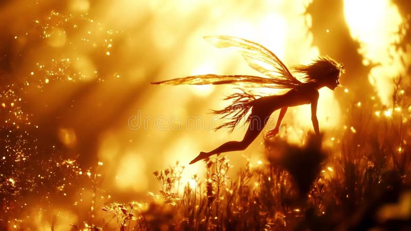 Fiery Fairy Flight Forest Fire Background, Fantasy Illustration Stock ...