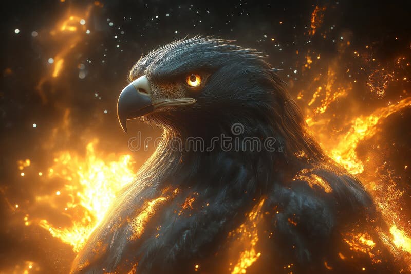 Fiery Fantasy Eagle Soaring in Space. Dark Feathered Eagle Bathed in ...