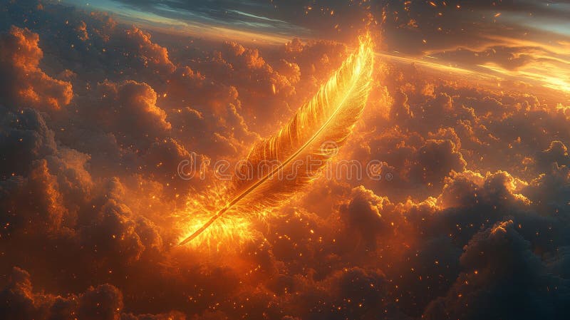 Fiery Feather Floating among Golden Clouds at Sunset. Fantasy and ...
