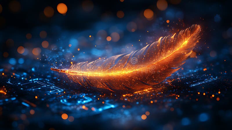 Fiery Feather Glows, Digital Sparks, Dark Background, Concept Art Stock ...