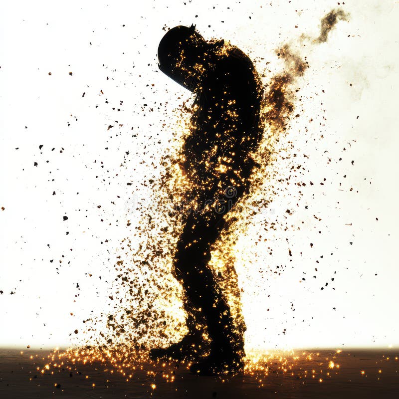 Fiery Figure Disintegrating into Golden Sparks Dramatic Silhouette ...