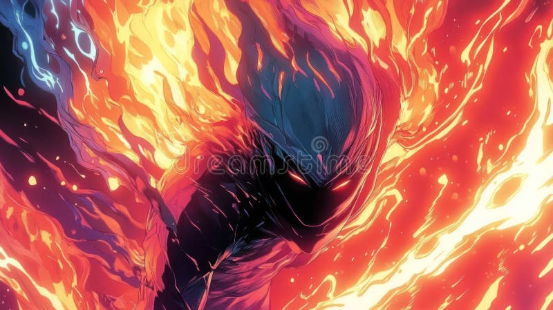 A Fiery Figure with Flowing Flames, Embodying Power and Intensity Stock ...