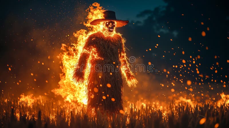 A Scarecrow in a Field of Fire with a Hat on Stock Image - Image of ...
