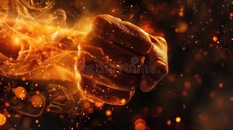 Fiery Fist Punch with Glowing Sparks and Flames in the Dark. Stock ...