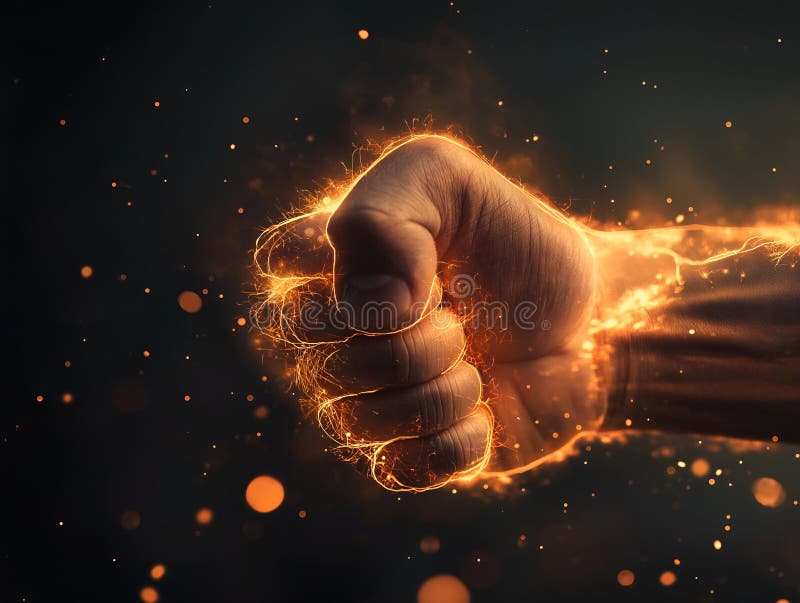 Fiery Fist Punching through Darkness, Sparks and Light, Dramatic ...