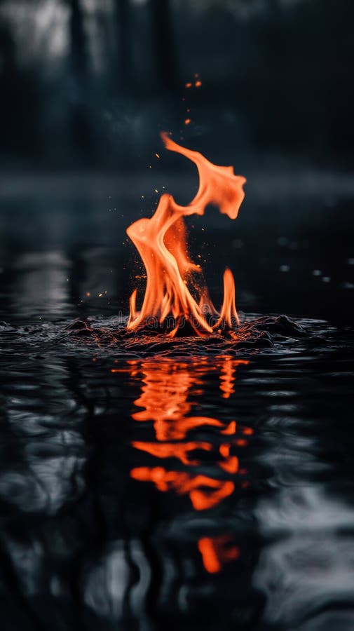 Fiery Flame Emerging from Water in Surreal Nature Scene Stock Photo ...