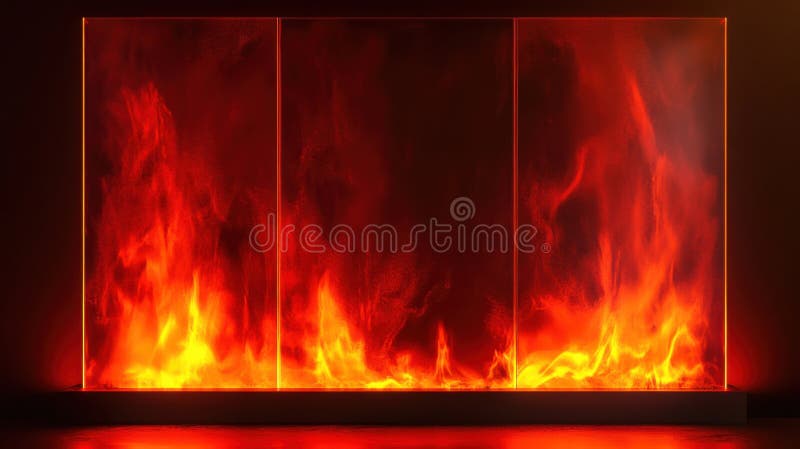 Fiery Flames Behind Transparent Panels in Dark Setting Displaying ...
