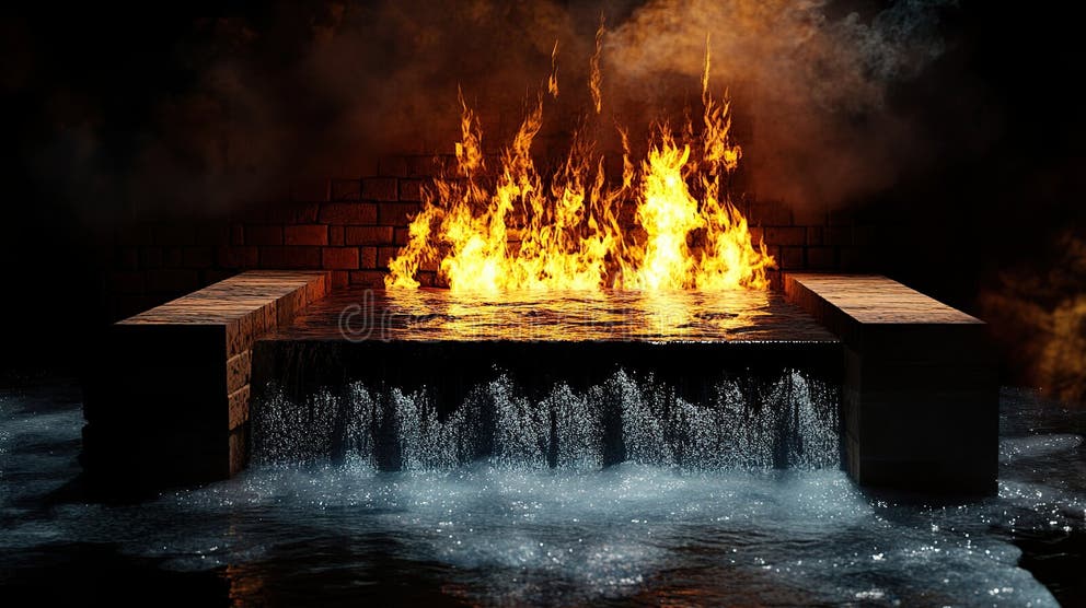 Fiery Flames Burning on a Water Feature, Dark Brick Background Stock ...