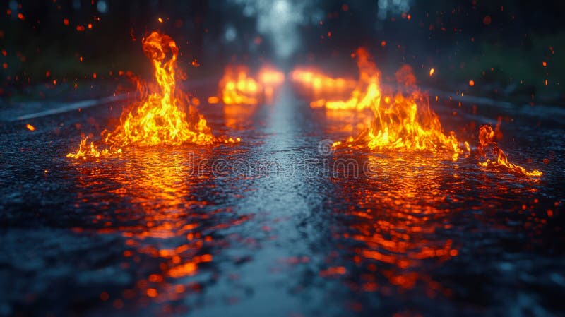 Fiery Flames Burning on a Wet Road at Night, Reflecting Dramatically ...