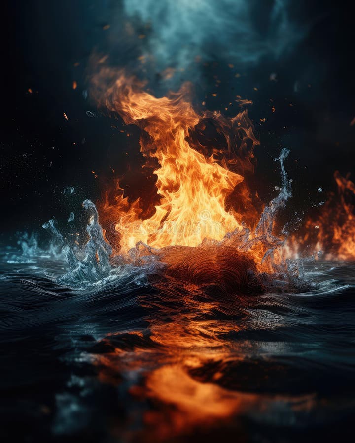 Fiery Flames Clash with Surging Water in a Dynamic Battle of Elements ...
