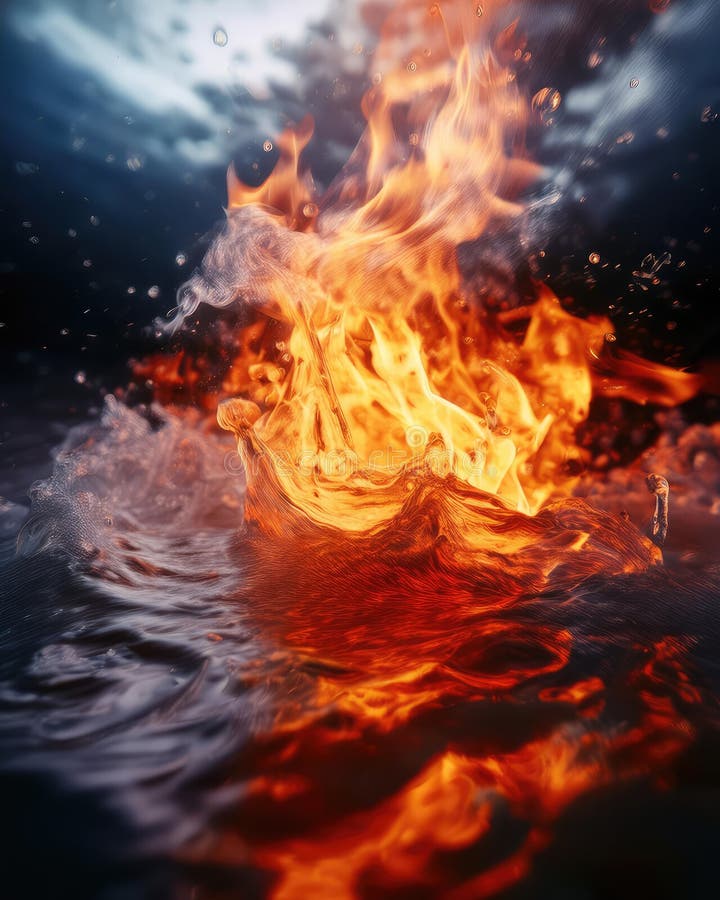 Fiery Flames Clash with Surging Water in a Dynamic Battle of Elements ...