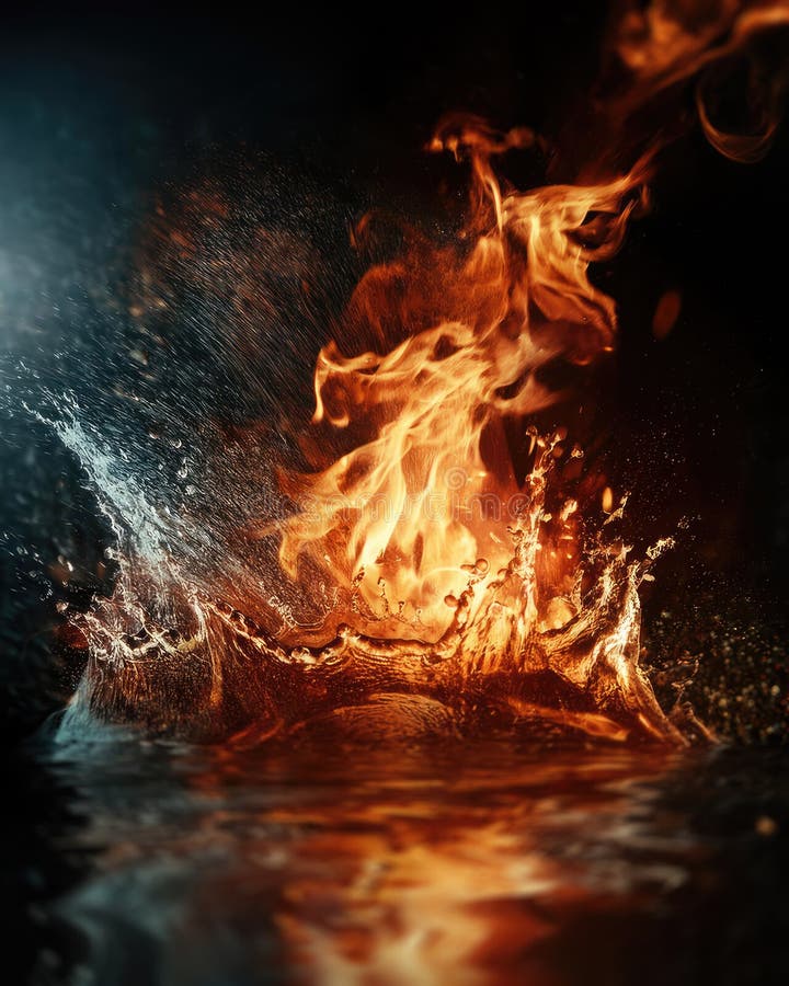 Fiery Flames Clash with Surging Water in a Dynamic Battle of Elements ...