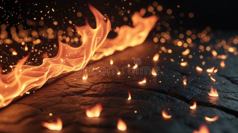 Fiery Flames Dancing on a Dark Surface, Sparkling Embers, and Intense ...