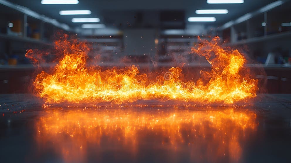 Fiery Flames on Lab Bench, Reflection, Blurred Lab Background Science ...