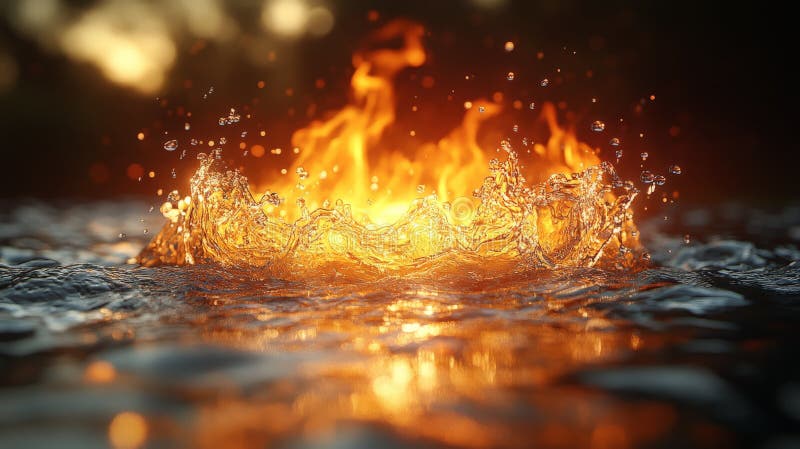 Dynamic Flames Emerging from Rippling Water Surface at Sunset Stock ...