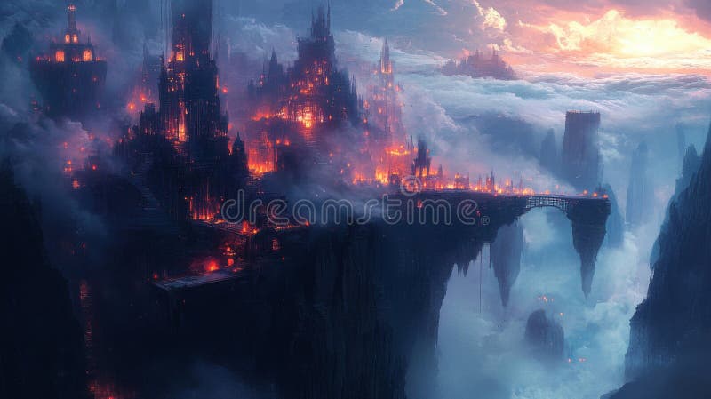 Fiery Floating City Ruins in a Dramatic Landscape Stock Illustration ...