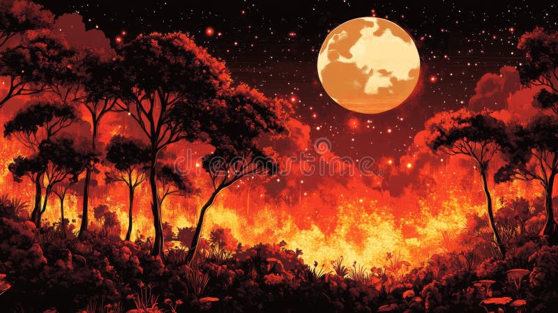 Fiery Forest Fire at Night Under a Large Moon Stock Illustration ...