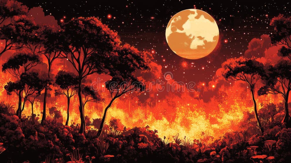Fiery Forest Fire at Night Under a Large Moon Stock Illustration ...