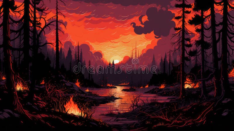 8-bit Wildfire: a Digital Painting of a Smoky Forest Stock Illustration ...