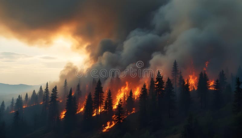 Fiery Forest Inferno: Wildfire Engulfs Mountainside at Sunset Stock ...