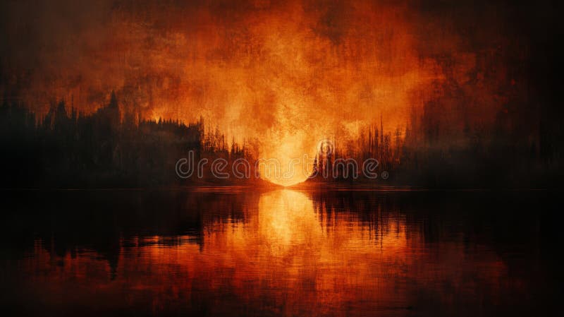 Fiery Forest Lake Reflection at Night Stock Illustration - Illustration ...