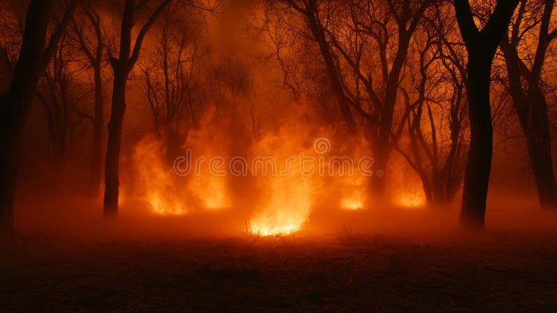 Fiery Forest Night: Orange Flames and Smoke among Silhouetted Trees ...
