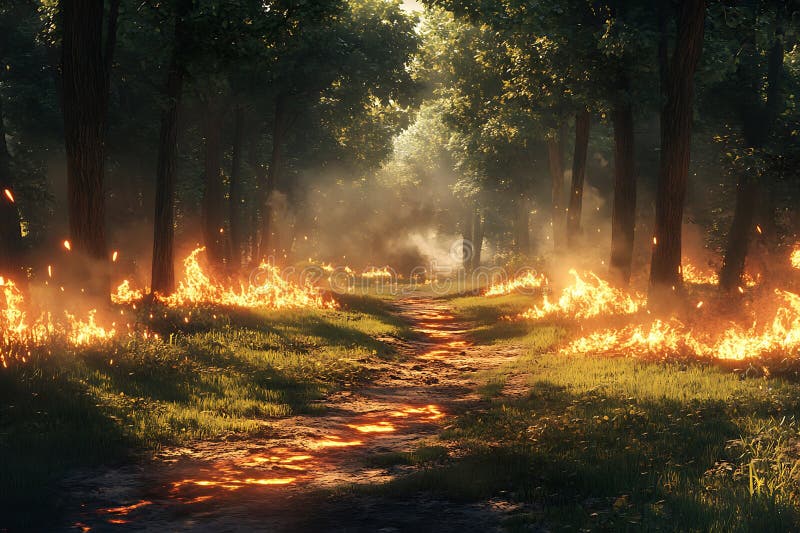 Fiery Forest Path Burning Grass & Trees, Dramatic Nature Scene Stock ...