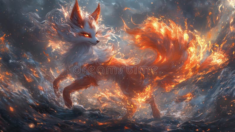 Fiery Kitsune (fox Spirit) with Nine Tails in a Swirling, Elemental ...