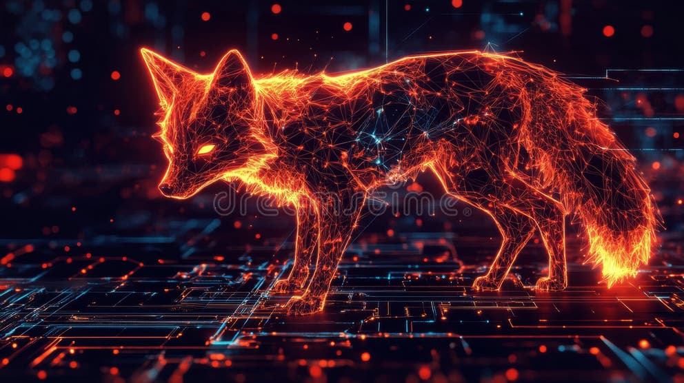 Fiery Fox Glowing in Digital Circuitry Stock Illustration ...