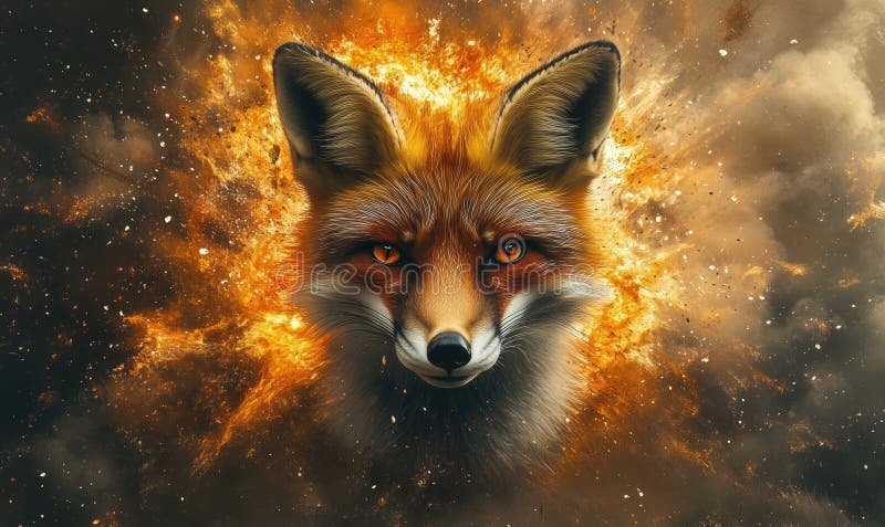 Fiery Fox Head with Intense Gaze Amidst Cosmic Explosion Background ...