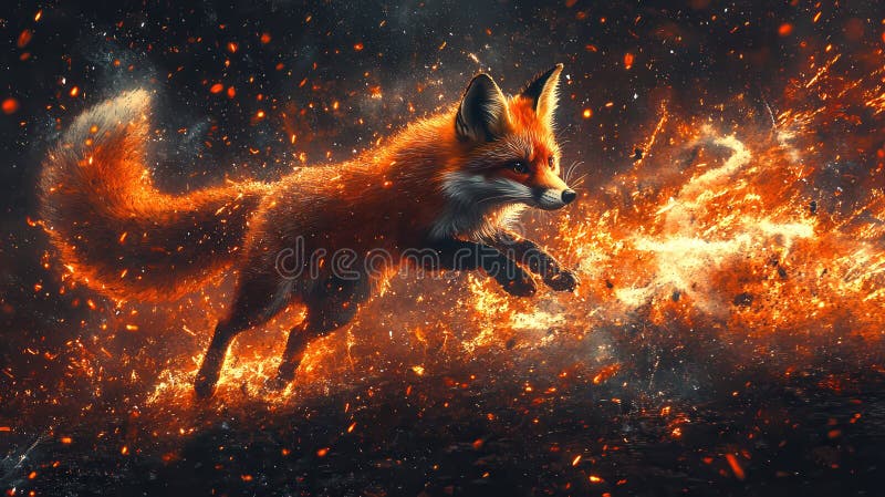 Fiery Fox Leaping through Sparks and Flames in Dramatic Scene Stock ...