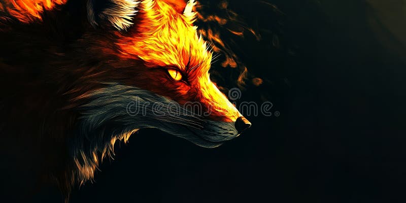 Fiery Fox Profile Artistic Digital Painting of a Red Fox in Dark ...