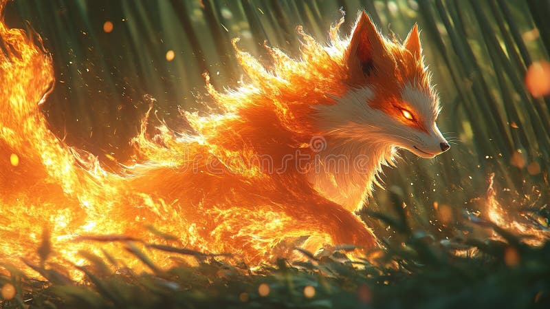 Fiery Fox Spirit Emerging from Bamboo Forest Stock Illustration ...