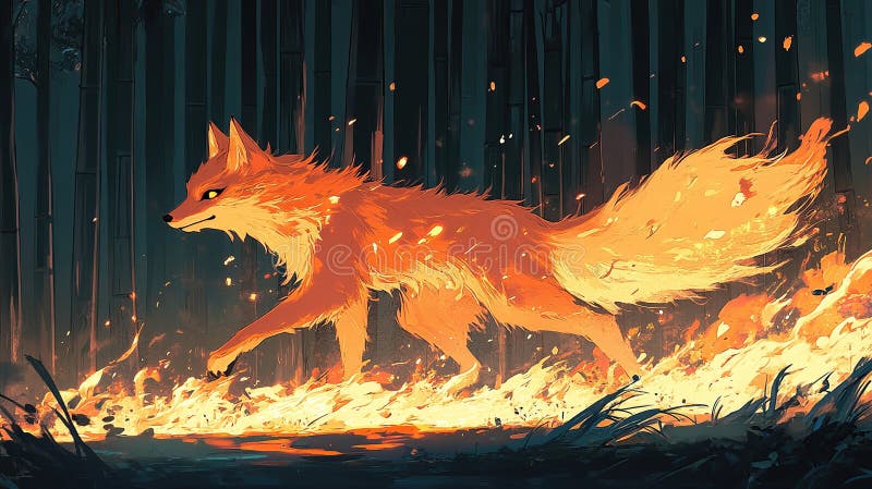 Fiery Fox Spirit Walking on Flames in Dark Forest Stock Illustration ...