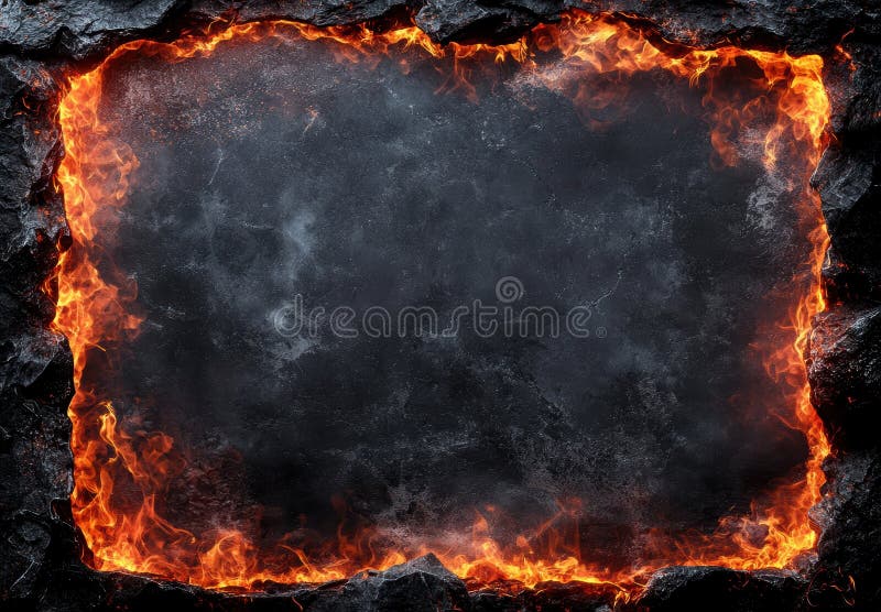 Fiery Frame of Flames on Dark Rock Background Stock Illustration ...