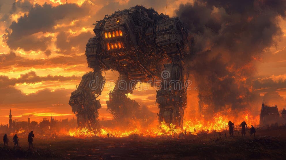 Fiery Giant Stone Monster Battle at Sunset Stock Illustration ...