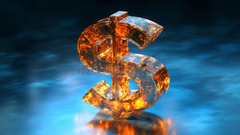Fiery Glass Dollar Sign on Dark Blue Reflective Surface Stock ...