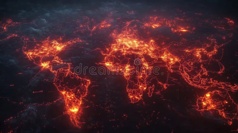 Fiery Global Map at Night: a Glowing Display of Human Activity Stock ...