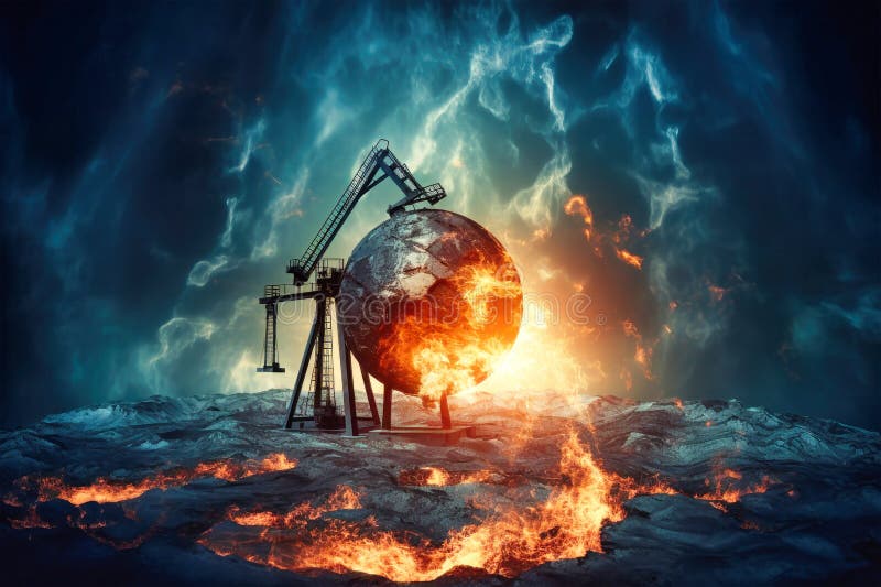 A Fiery Globe, Representing the Earth, is Being Exploited by an Oil Rig ...