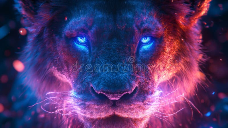 Fiery Glowing Lion Portrait with Blue and Red Sparks Stock Illustration ...