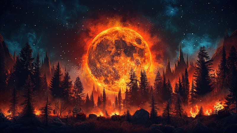 A Fiery, Glowing Moon Hangs Over a Dark Forest, Casting an Orange Glow ...