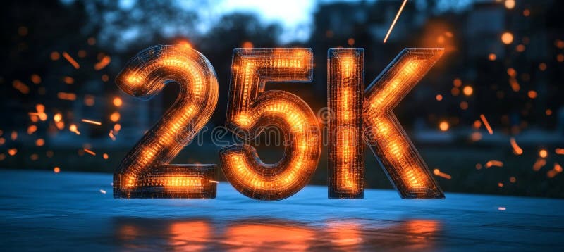 Fiery Glowing Number 25K Celebration with Light Sparks and Reflections ...
