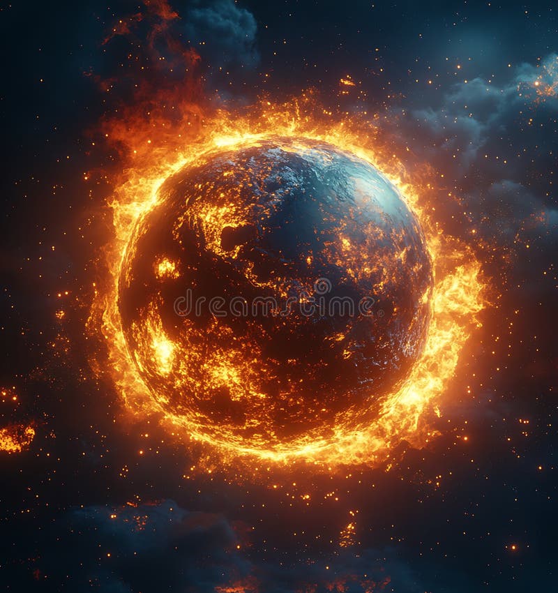 Fiery Glowing Planet in Outer Space with Dramatic Explosions. Stock ...