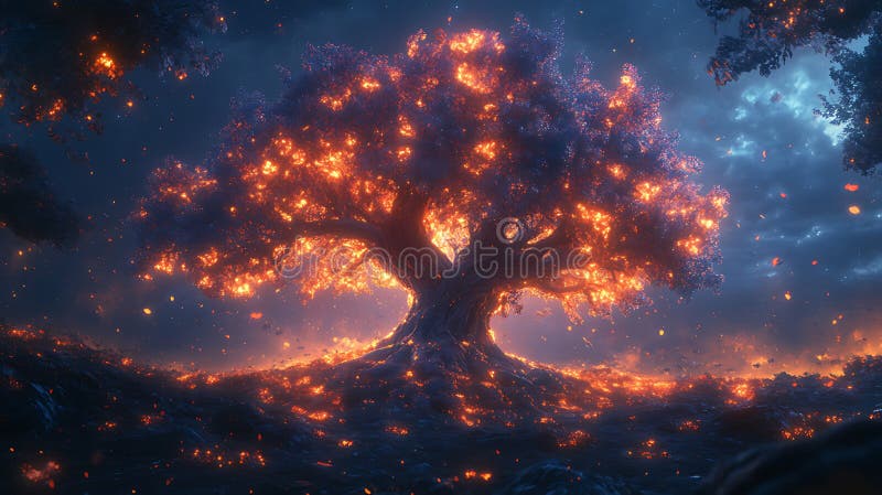 Fiery Glowing Tree at Night in a Mystical Forest Stock Illustration ...