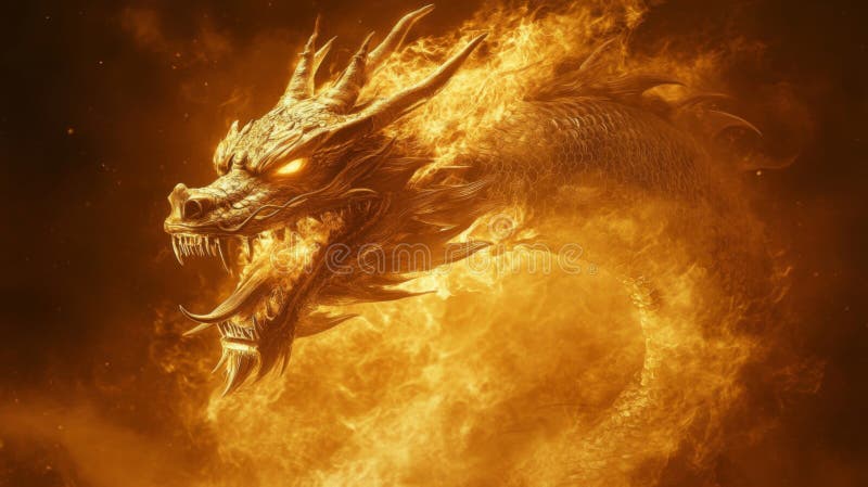 Fiery Golden Dragon Emblazoned in Blazing Inferno Stock Illustration ...