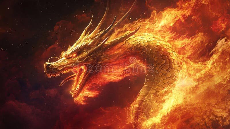 A Fiery Golden Dragon Roaring Amidst Flames Stock Illustration ...
