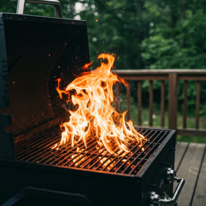 Fiery Grill Flames on a Backyard Deck Stock Illustration - Illustration ...