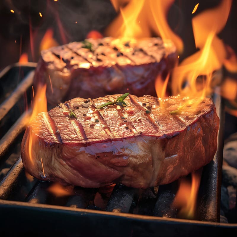 Fiery Grilling Scene Beef Steaks on the Grill with Dynamic Flames Stock ...