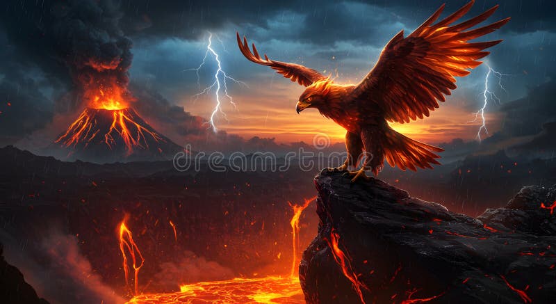 Fiery Guardian: Eagle Perched Atop Volcanic Crag during an Electrical ...