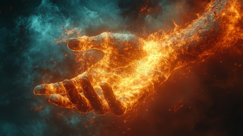 Fiery Hand Engulfed in Flames with Dramatic Contrast Stock Image ...